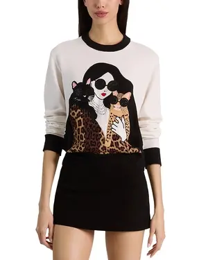 Alice + Olivia Gleeson Staceface Wool Blend Crewneck Sweater - Soft White Multi