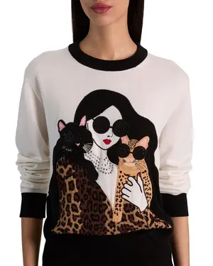 Alice + Olivia Gleeson Staceface Wool Blend Crewneck Sweater - Soft White Multi