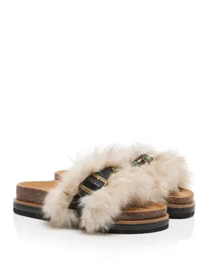 Free People Frankie Faux Fur Slide Sandals - Oatmeal