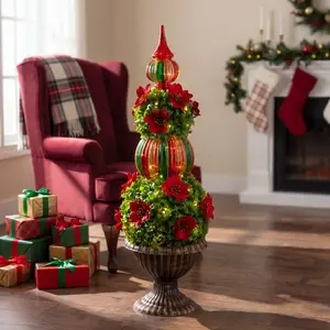 NEARLY NATURAL 3' Pre Lit Artificial Christmas Ornament Holly Berry Topiary Tree