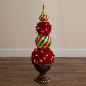 NEARLY NATURAL 3' Pre Lit Artificial Christmas Poinsettia Topiary Tree