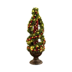 NEARLY NATURAL 3' Pre Lit Artificial Christmas Spiral Boxwood Topiary Tree With Ornaments - Green
