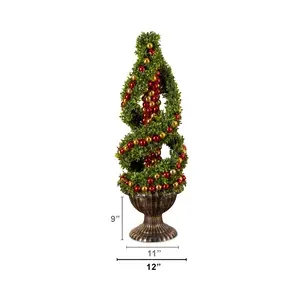 NEARLY NATURAL 3' Pre Lit Artificial Christmas Spiral Boxwood Topiary Tree With Ornaments