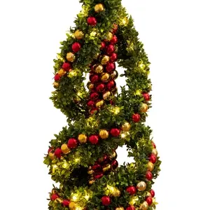 NEARLY NATURAL 3' Pre Lit Artificial Christmas Spiral Boxwood Topiary Tree With Ornaments