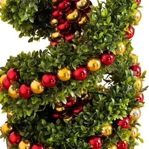 NEARLY NATURAL 3' Pre Lit Artificial Christmas Spiral Boxwood Topiary Tree With Ornaments