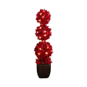 NEARLY NATURAL 31' Pre Lit Artificial Poinsettia Triple Ball Topiary Tree - Red