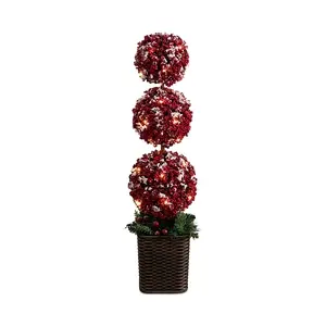 NEARLY NATURAL 31' Pre Lit Artificial Snowed Holly Berry Triple Ball Topiary Tree - Red