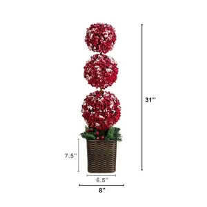 NEARLY NATURAL 31' Pre Lit Artificial Snowed Holly Berry Triple Ball Topiary Tree