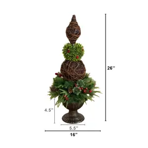 NEARLY NATURAL 3' Pre Lit Artificial Finial Boxwood Ornament Mixed Pine Topiary
