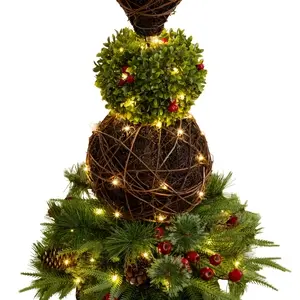 NEARLY NATURAL 3' Pre Lit Artificial Finial Boxwood Ornament Mixed Pine Topiary