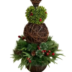 NEARLY NATURAL 3' Pre Lit Artificial Finial Boxwood Ornament Mixed Pine Topiary
