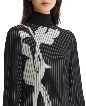 Ming Wang Mock Neck Floral Soft Ribbed Knit Top