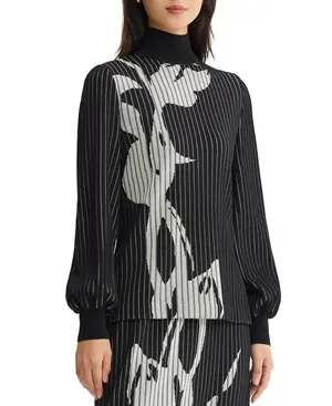 Ming Wang Mock Neck Floral Soft Ribbed Knit Top