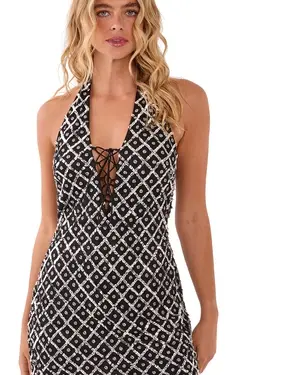 Nasty Gal Grid Lace Up Front Mini Dress