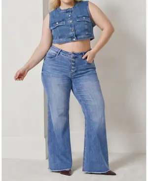 BAYEAS Plus Mid Rise Wide Leg With Frayed Hem Denim Jeans