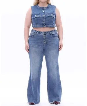 BAYEAS Plus Mid Rise Wide Leg With Frayed Hem Denim Jeans