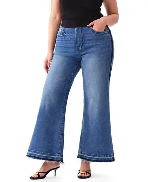 BAYEAS Plus Mid Rise Wide Leg Frayed Hem Denim Jeans With Two-tone Splice In Trappist-1e - Trappist-e