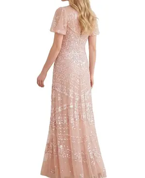 NEEDLE & THREAD Anais Sequin Short Sleeve Gown - Biscuit