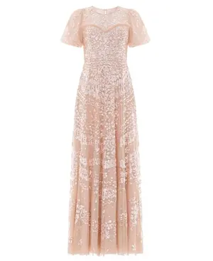 NEEDLE & THREAD Anais Sequin Short Sleeve Gown - Biscuit