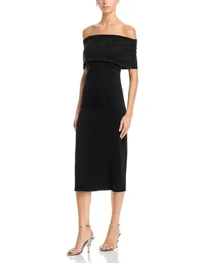 Rickie Freeman For Teri Jon Jet Bead Knit Off-the-shoulder Dress