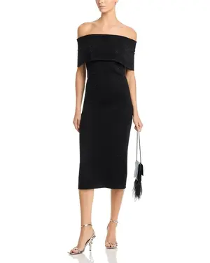 Rickie Freeman For Teri Jon Jet Bead Knit Off-the-shoulder Dress