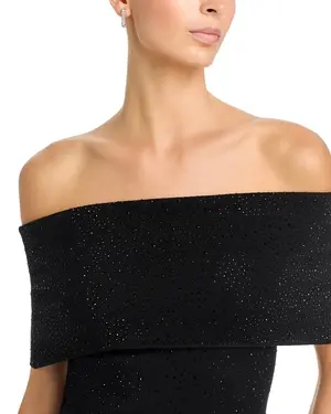 Rickie Freeman For Teri Jon Jet Bead Knit Off-the-shoulder Dress