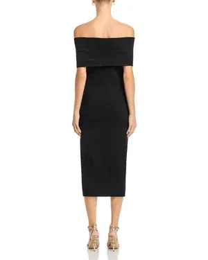 Rickie Freeman For Teri Jon Jet Bead Knit Off-the-shoulder Dress