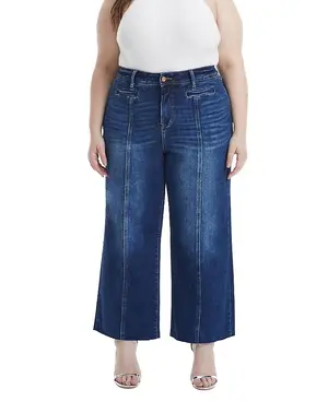 BAYEAS Plus High Rise Wide Leg Vertical Front Seam Raw Hem Denim Jeans