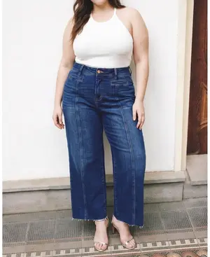 BAYEAS Plus High Rise Wide Leg Vertical Front Seam Raw Hem Denim Jeans