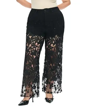 BAYEAS Plus Embroidery Wide Leg Lace Jeans With Rhinestone In Wash - Black
