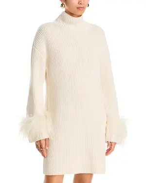 Ramy Brook Kay Turtleneck Feather Trim Sweater Dress - Ivory