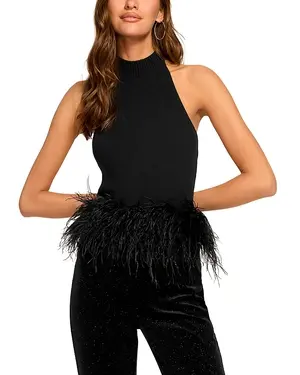 Ramy Brook Kelly Feather Trim Halter Top - Black