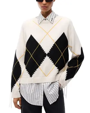 Pinko Berna Wool & Cashmere Argyle Crewneck Sweater - Cream/black