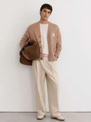 REISS Norris Monogram Embroidered Relaxed Wool Cardigan - Camel Brown
