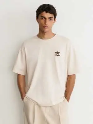 REISS Dax Monogram Motif Cotton Relaxed-fit T-shirt - Ecru