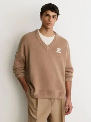 REISS Jeremy Monogram Wool Relaxed V-neck Jumper