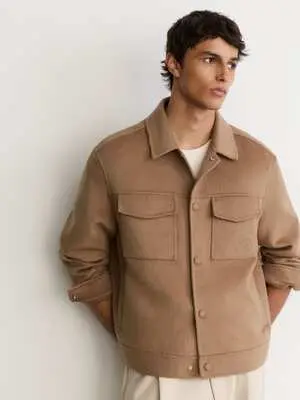 REISS Warner Monogram Wool-blend Press-stud Overshirt - Camel