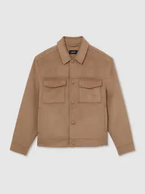 REISS Warner Monogram Wool-blend Press-stud Overshirt - Camel