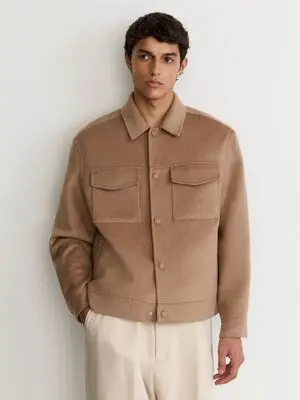 REISS Warner Monogram Wool-blend Press-stud Overshirt - Camel
