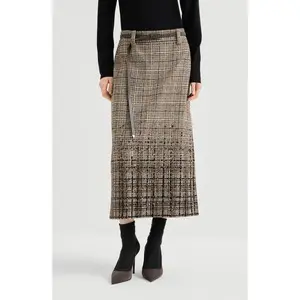 Brunello Cucinelli Checked Alpaca And Wool Pencil Skirt With Dazzling Degradé Embroidery - Brown