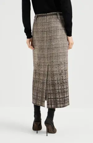 Brunello Cucinelli Checked Alpaca And Wool Pencil Skirt With Dazzling Degradé Embroidery