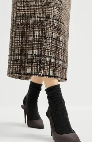 Brunello Cucinelli Checked Alpaca And Wool Pencil Skirt With Dazzling Degradé Embroidery