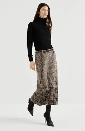 Brunello Cucinelli Checked Alpaca And Wool Pencil Skirt With Dazzling Degradé Embroidery