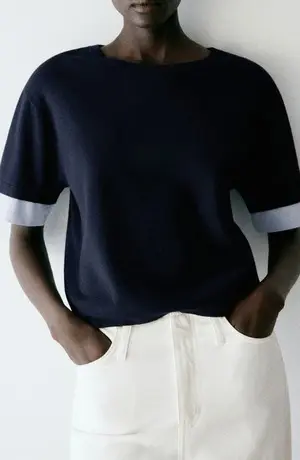 Mango Biboy Striped Crewneck Sweater - Navy
