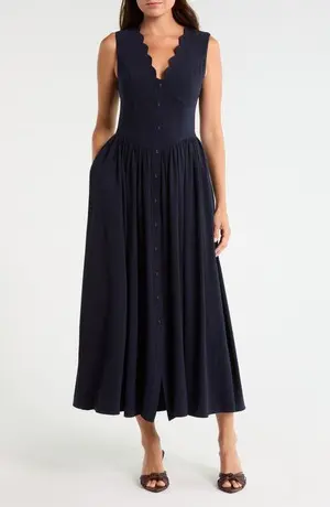 Avec Les Filles Scallop Stretch Crepe Maxi Dress - Navy