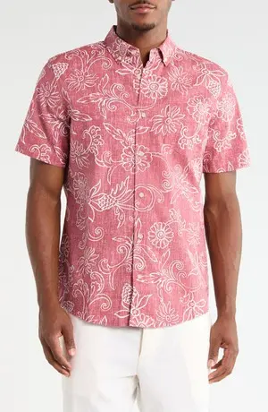 Reyn Spooner Hawaiian Gardenias Floral Button Down Shirt - Faded Ginger