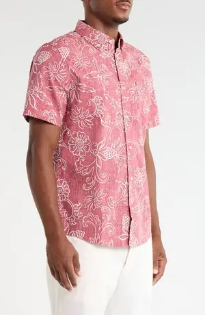 Reyn Spooner Hawaiian Gardenias Floral Button Down Shirt - Faded Ginger