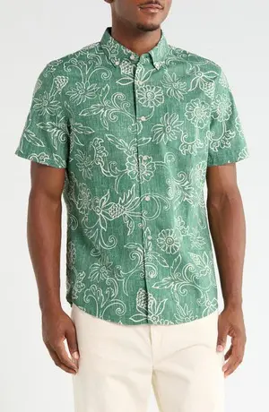 Reyn Spooner Hawaiian Gardenias Floral Button Down Shirt - Pine
