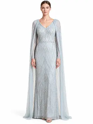 LARA NEW YORK V-neck Beaded Dress With Long Cape - Sky Blue