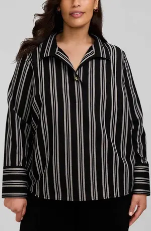 Foxcroft Catalina Stripe Cotton Blend Popover Top - Black/multi